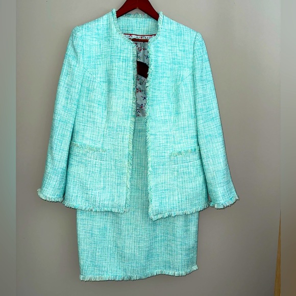 Jackets & Coats | Teal Suit Set Summer Tweed Jacket And Skirt Suit ...